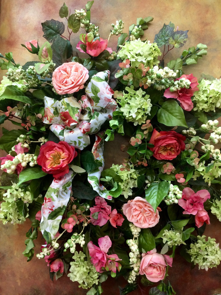Wreaths-Peach Garden Rose, Green Lilac, Coral Open Rose Spring Wreath W ...