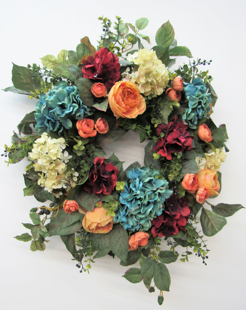Cream, Burgundy Teal Hydrangea Late Summer/ Early Fall Wreath