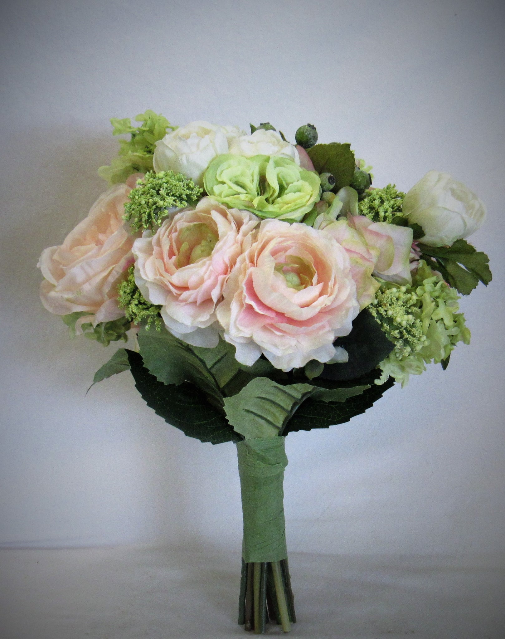 Light Pink, Green and Cream Silk Floral Bridal Bouquet/BB10
