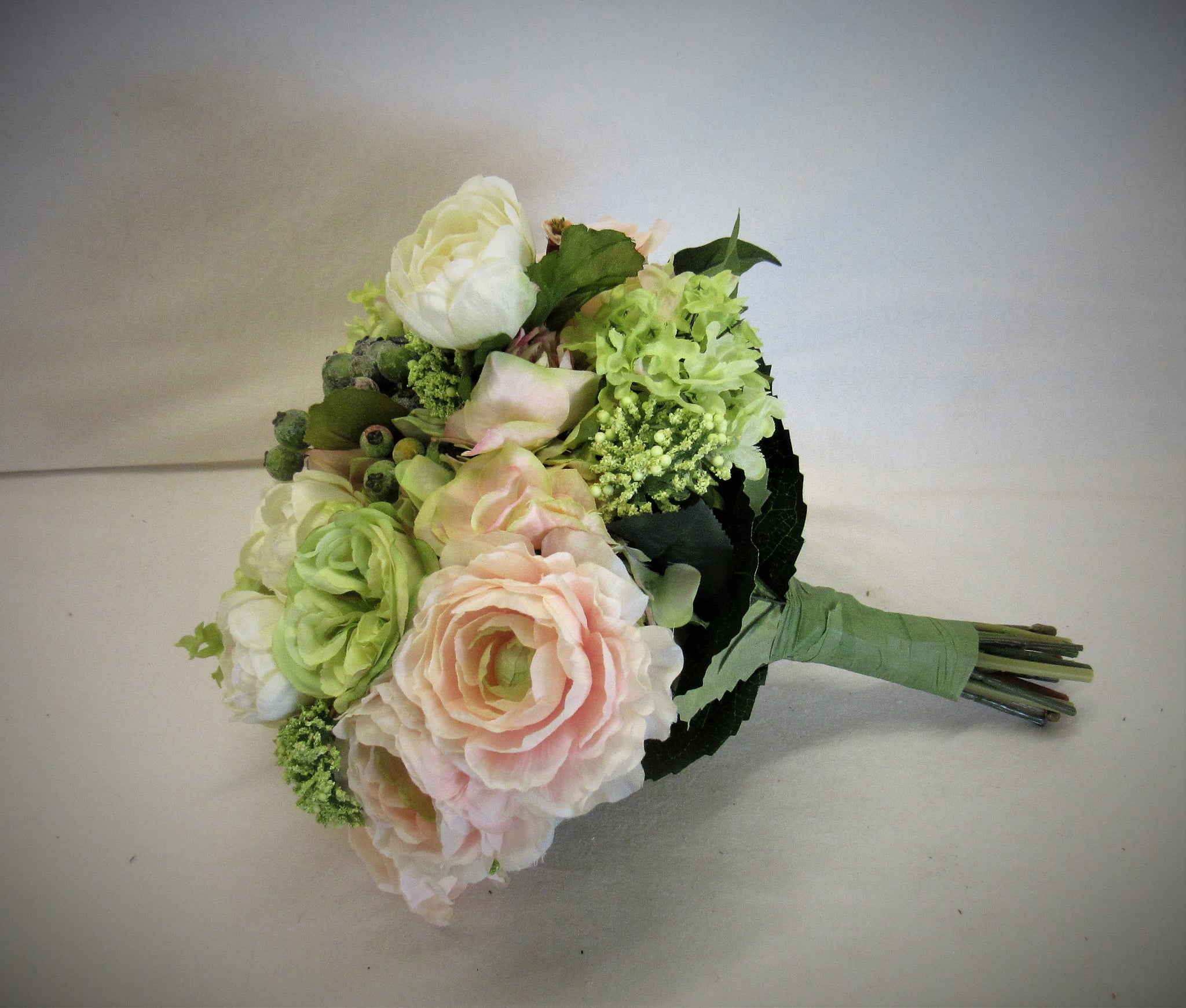 Light Pink, Green and Cream Silk Floral Bridal Bouquet/BB10