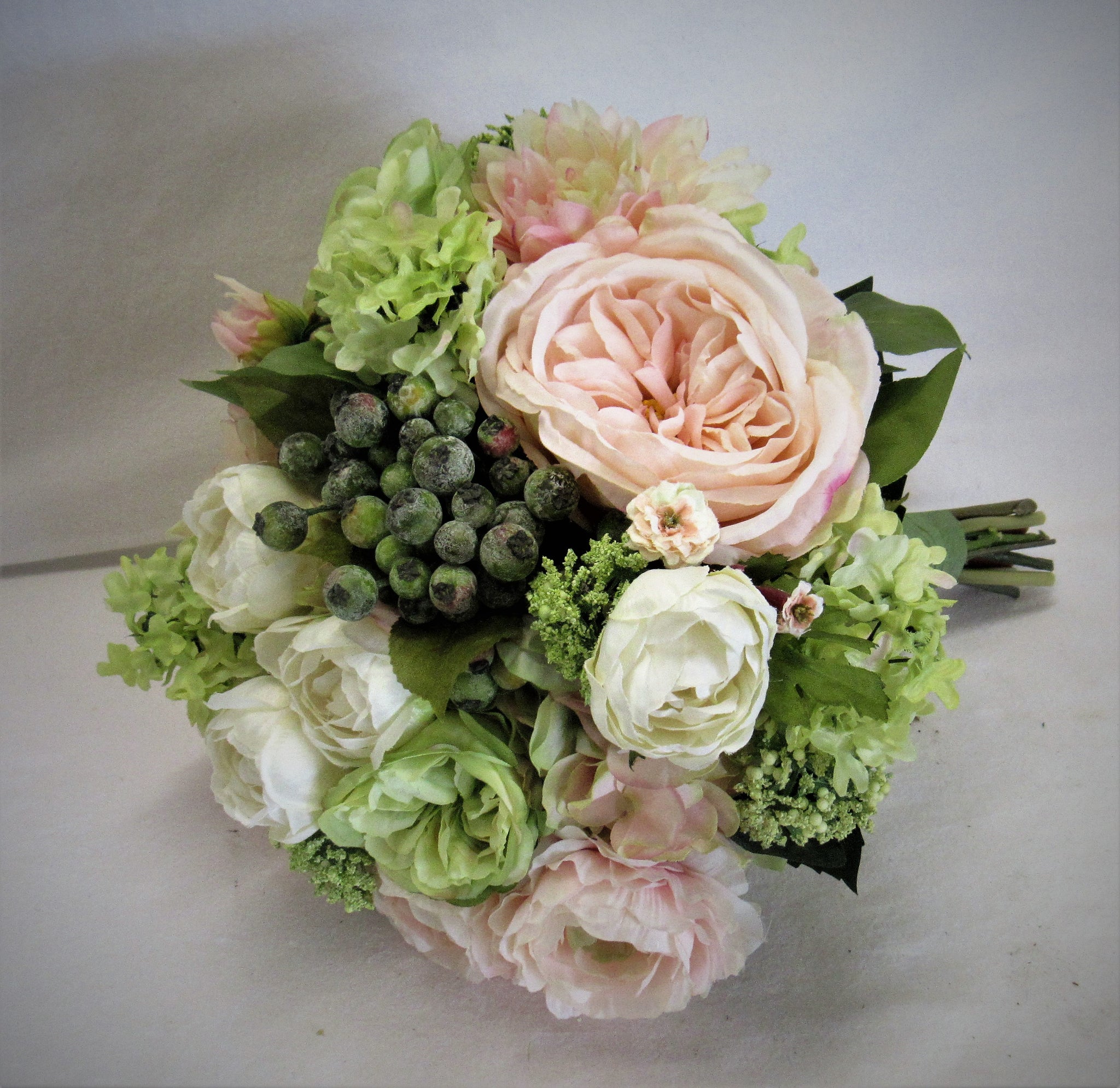 Light Pink, Green and Cream Silk Floral Bridal Bouquet/BB10